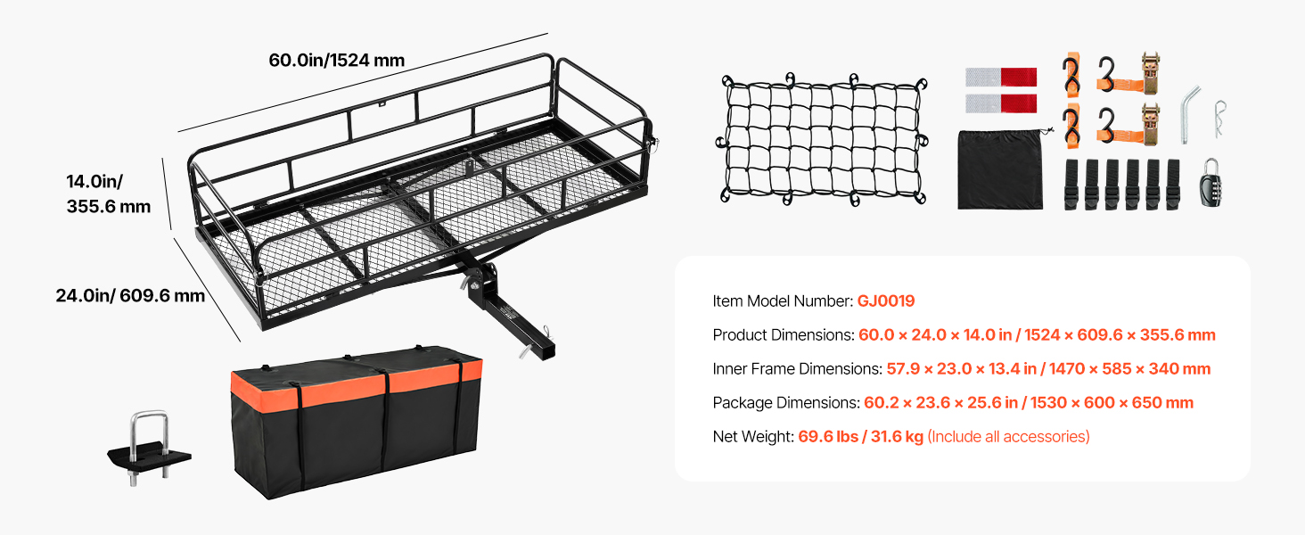 500 lbs Hitch Cargo Carrier Folding Hitch Cargo Carrier with Cargo Net ...