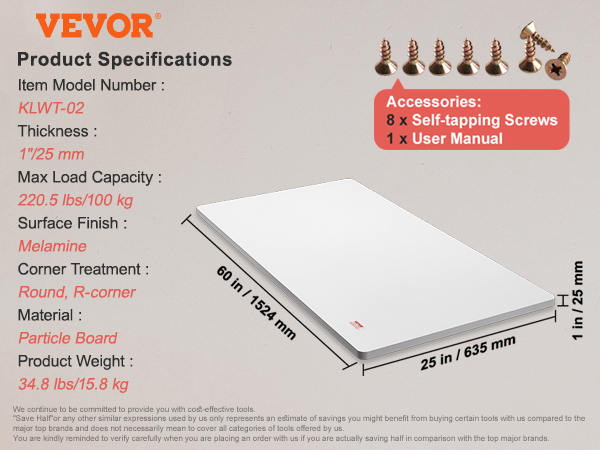 VEVOR Table Top, Holds up to 220.5 lbs, 60" x 25" x 1" Rectangular ...