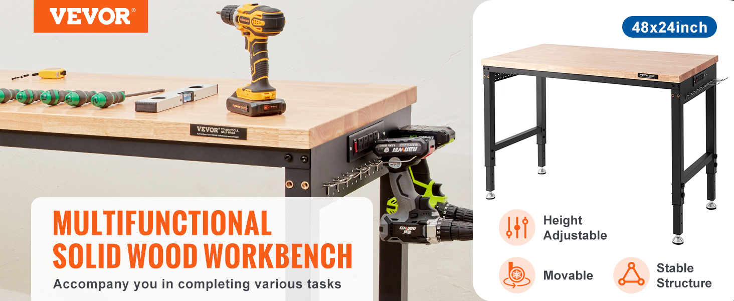 VEVOR Adjustable Workbench, 48" L X 24" W Garage Worktable with ...