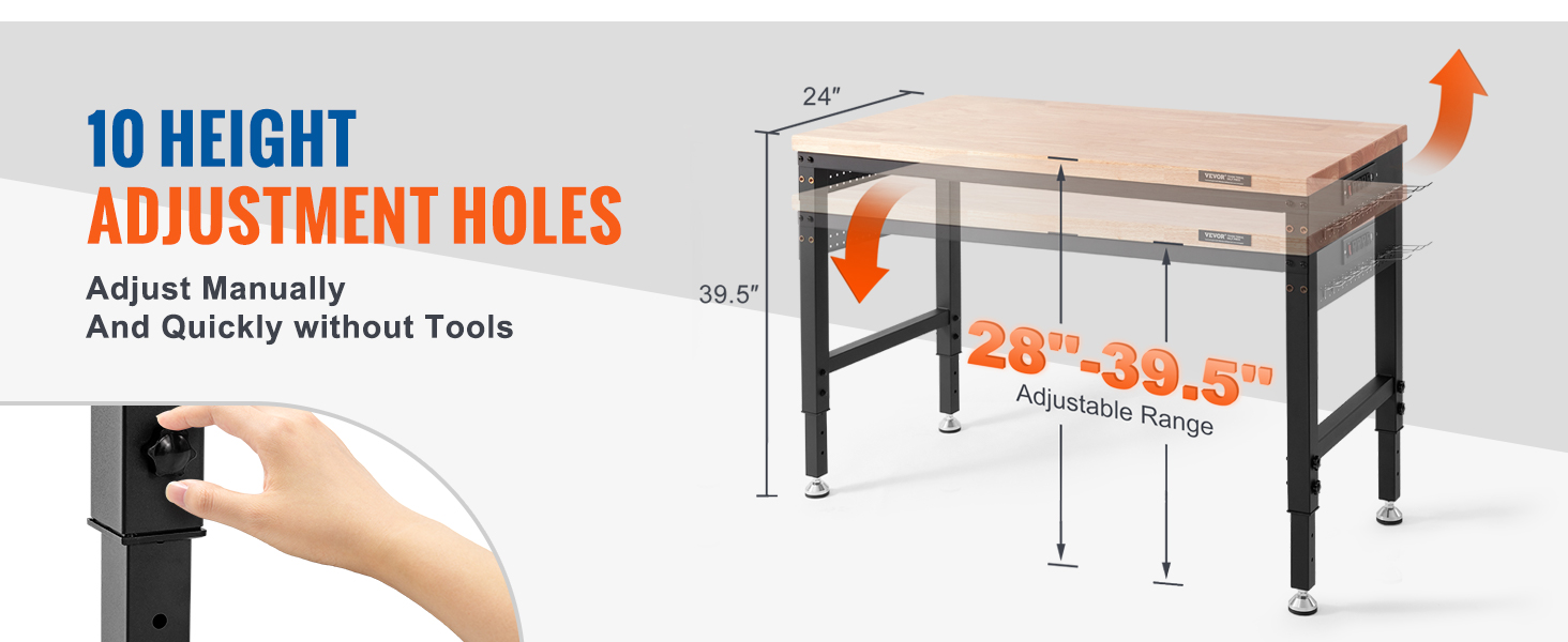 VEVOR Adjustable Workbench, 48" L X 24" W Garage Worktable with ...
