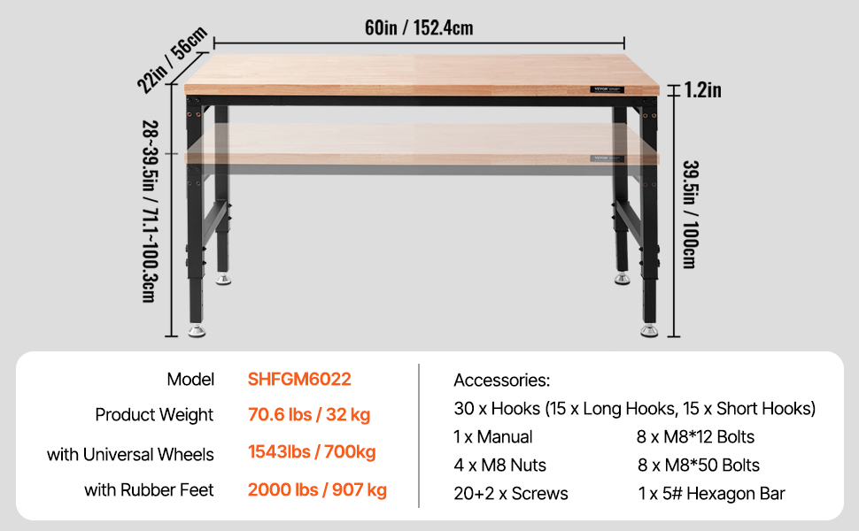 VEVOR Workbench A3 Steel Work Bench For Garage max. 1500W Heavy Duty ...