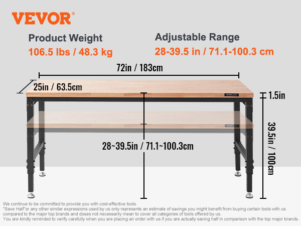 VEVOR Adjustable Workbench, 72" L X 25" W Garage Worktable with ...
