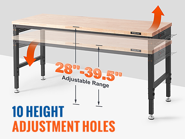 VEVOR Adjustable Workbench, 72" L X 25" W Garage Worktable with ...