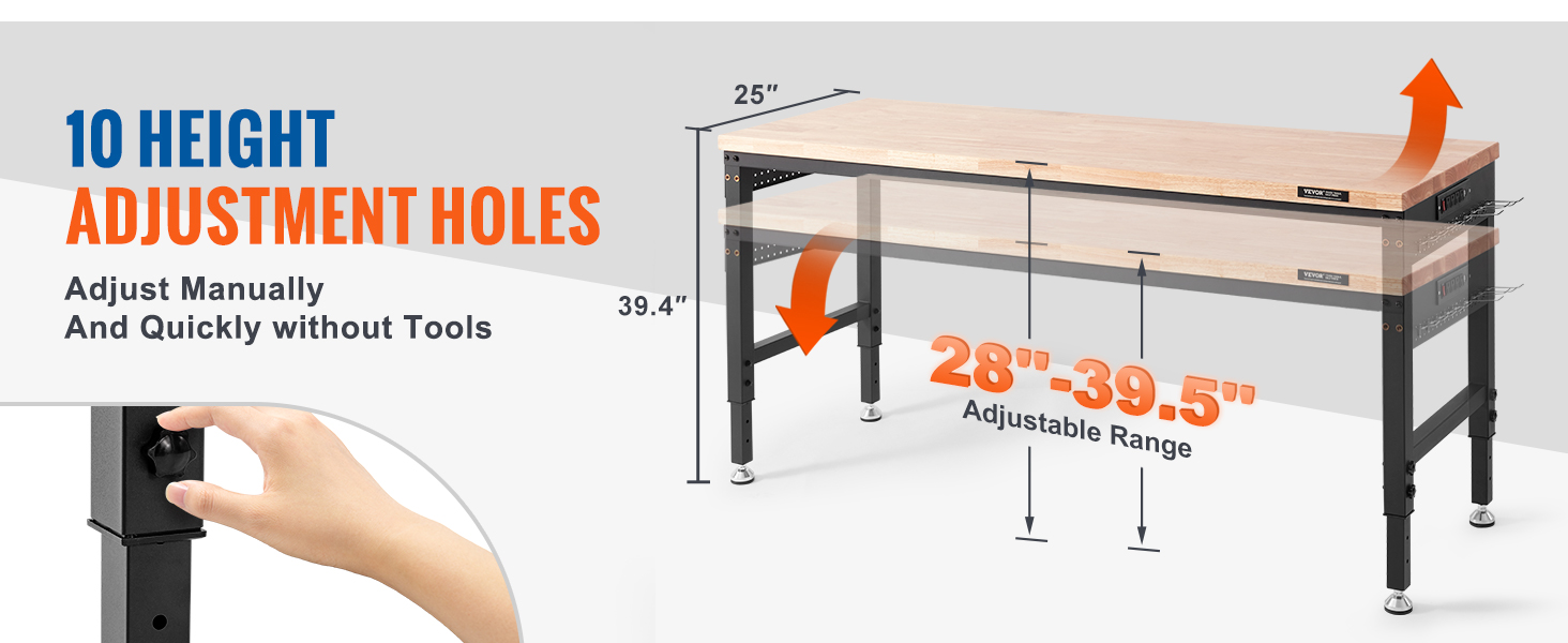 VEVOR Adjustable Workbench, 72" L X 25" W Garage Worktable with ...
