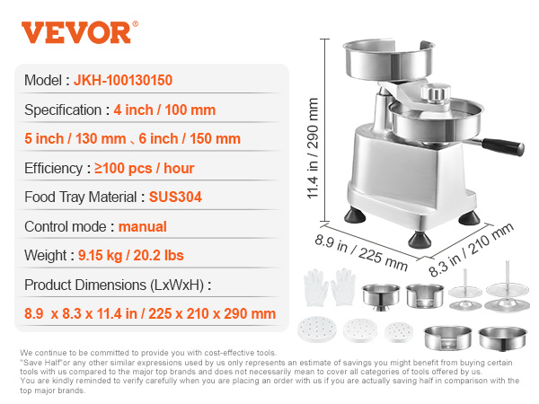 VEVOR Commercial Burger Patty Maker, Hamburger Beef Patty Maker with 3 ...