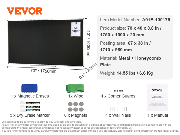 VEVOR Black Board, 70 x 40 inch Large Chalkboard with Aluminum Frame ...