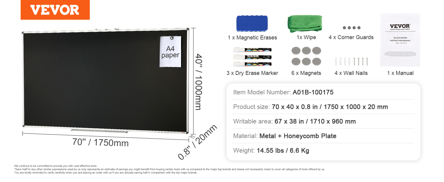 VEVOR Black Board, 70 x 40 inch Large Chalkboard with Aluminum Frame ...