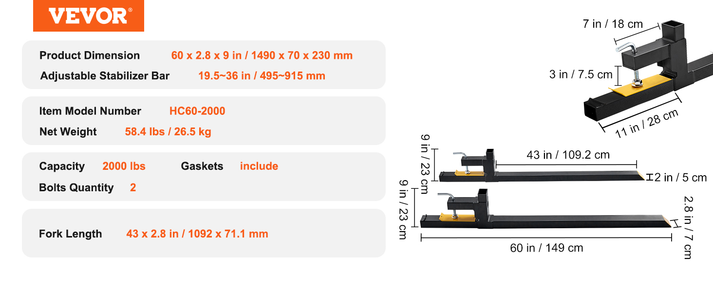 VEVOR Clamp on Pallet Forks, 2000 lbs Capacity Pallet Forks, 60 ...