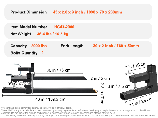 VEVOR Pallet Forks, 2000 lbs Capacity Clamp on Pallet Forks, 43 ...