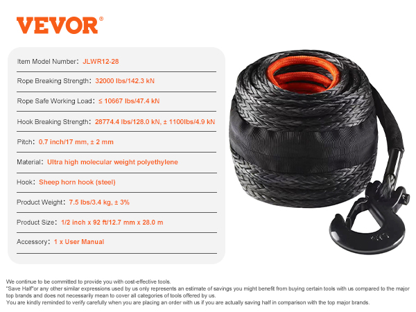VEVOR Synthetic Winch Rope, 1/2 Inch x 92 Feet 32,000 lbs Synthetic ...