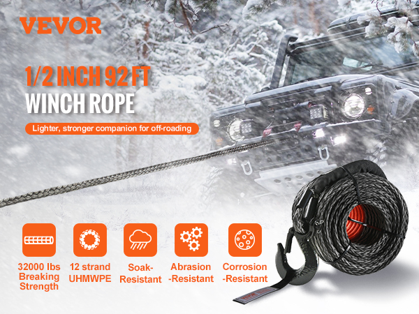 VEVOR Synthetic Winch Rope, 1/2 Inch x 92 Feet 32,000 lbs Synthetic ...