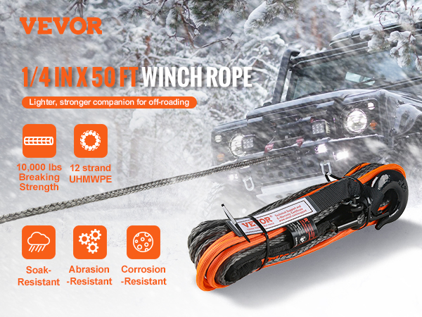 VEVOR Synthetic Winch Rope, 1/4 Inch x 50 Feet 10,000 lbs Synthetic ...