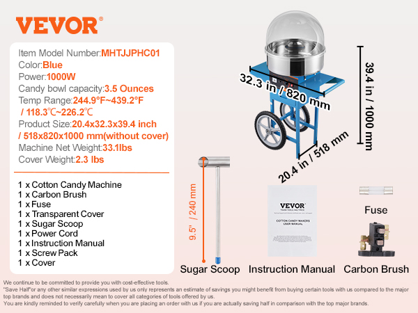 VEVOR Electric Cotton Candy Machine with Cart, 1000W Commercial Candy ...