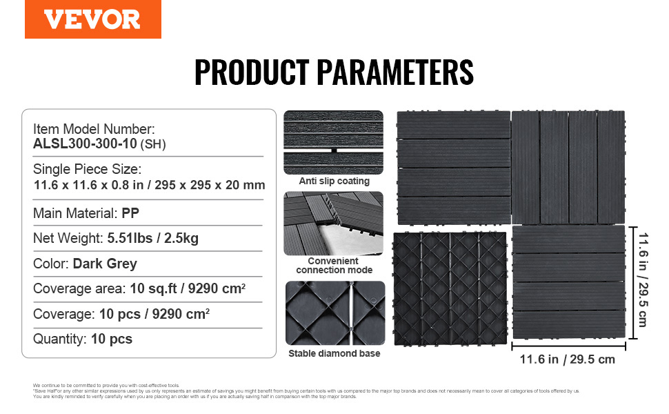 VEVOR Interlocking Deck Tiles 10 Pack 12"x12" Plastic for Porch Dark ...