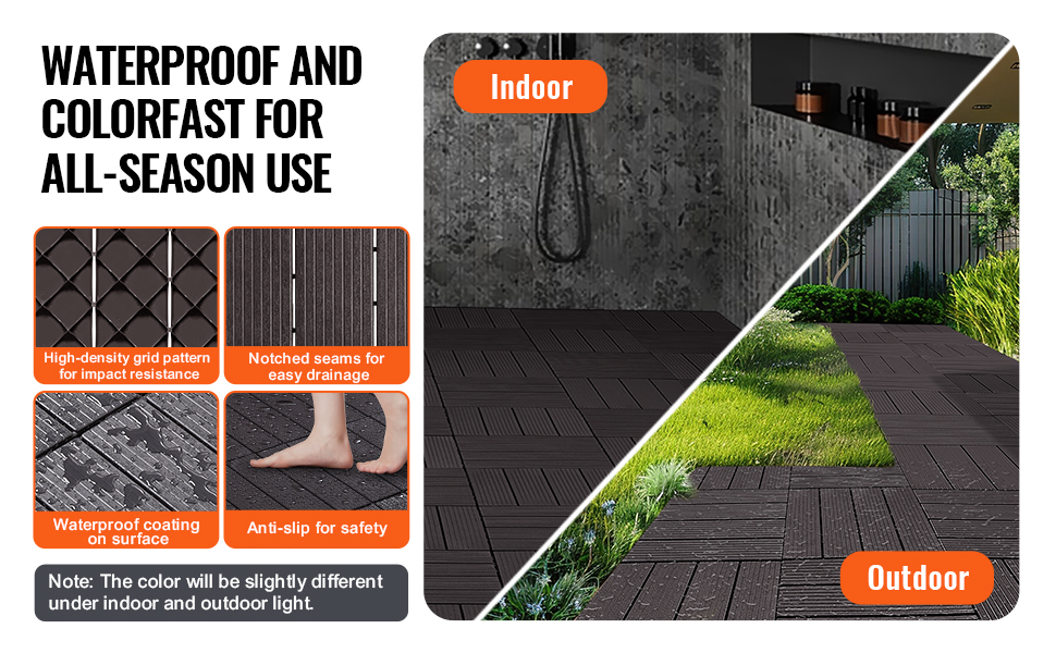 VEVOR Interlocking Deck Tiles 10 Pack 12"x12" Waterproof for Porch Dark ...
