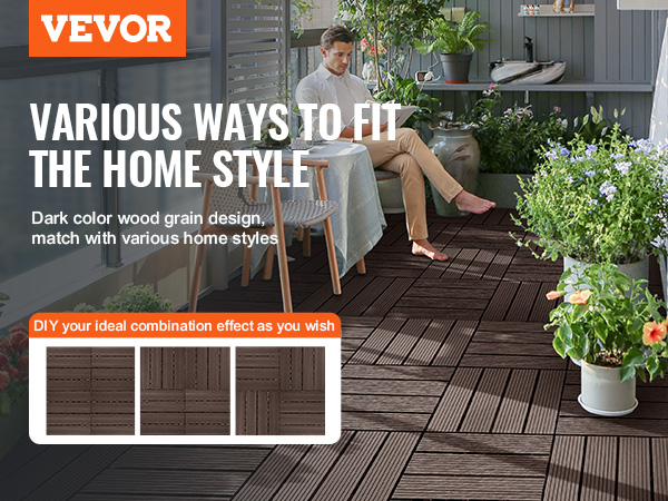 VEVOR Interlocking Deck Tiles Plastic Wood 10 Pack 12"x12" Waterproof ...