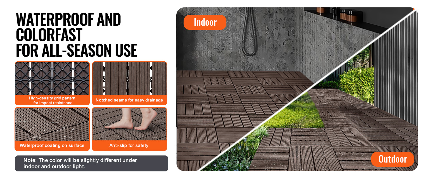 VEVOR Interlocking Deck Tiles Plastic Wood 10 Pack 12"x12" Waterproof ...