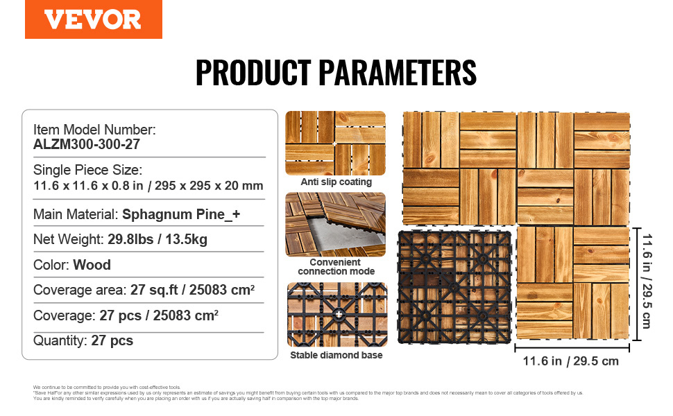 VEVOR Interlocking Deck Tiles Solid Wood 27 Pack 12"x12" Camphor Pine ...