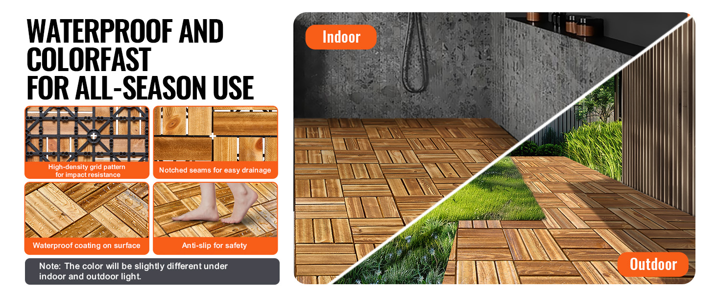 VEVOR Interlocking Deck Tiles Solid Wood 27 Pack 12"x12" Camphor Pine ...