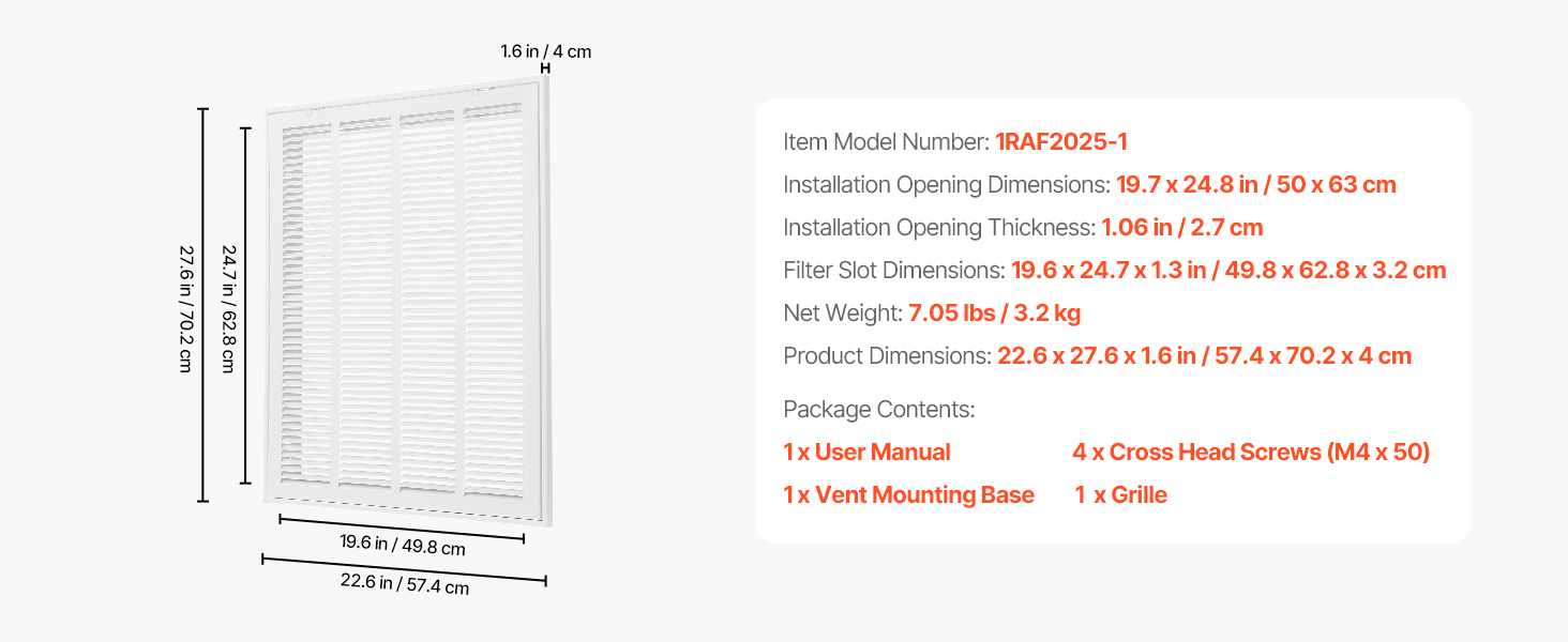 Return Air Filter Grille Fits W20 x H25 In Duct Opening Vent Cover ...