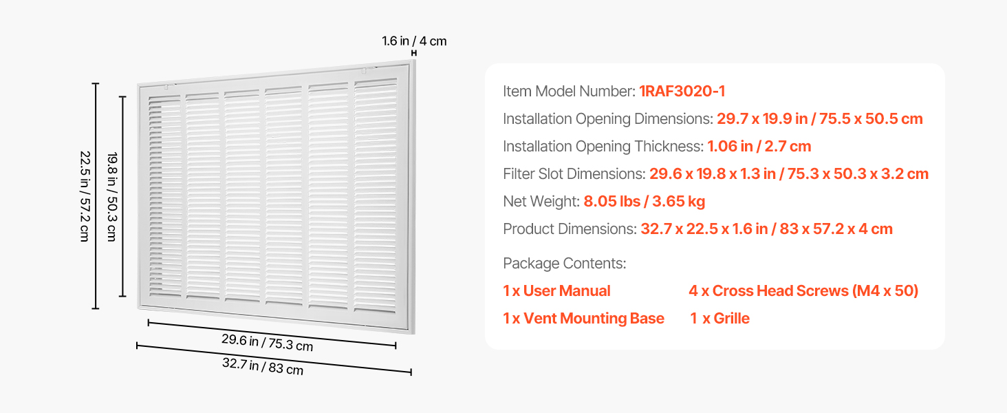 Return Air Filter Grille Fits W30 x H20 In Duct Opening Vent Cover ...