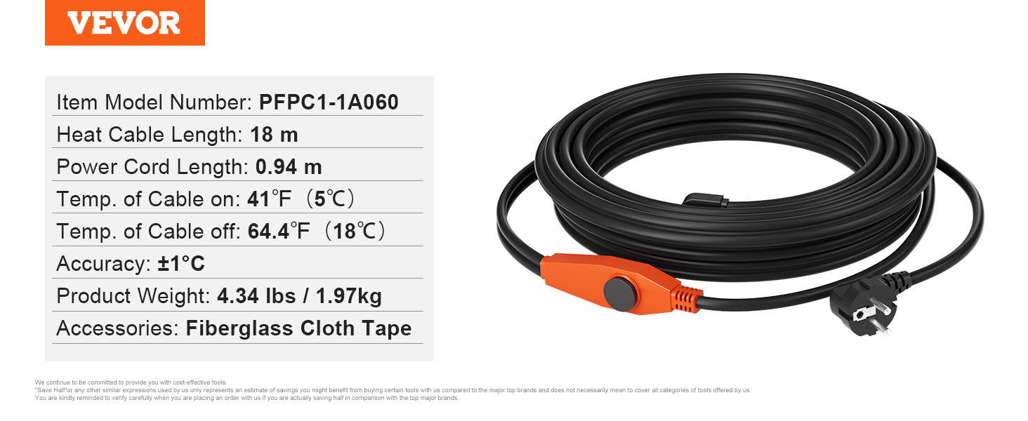 Pipe Heating Cable 60FT 7W/FT Heat Tape for Pipes with Built-in ...