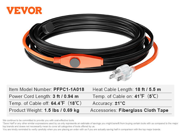 Pipe Heating Cable 18FT 7W/FT Heat Tape for Pipes with Built-in ...