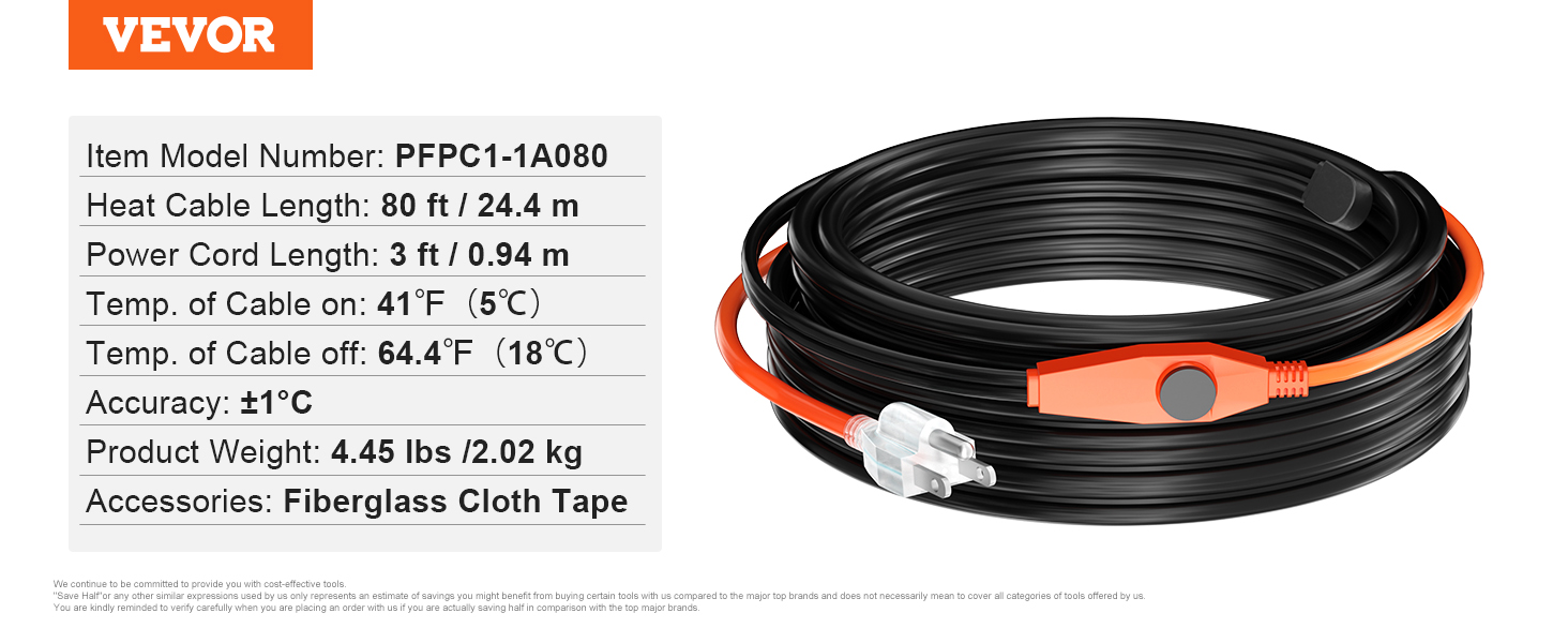Pipe Heating Cable 80FT 7W/FT Heat Tape for Pipes with Built-in ...