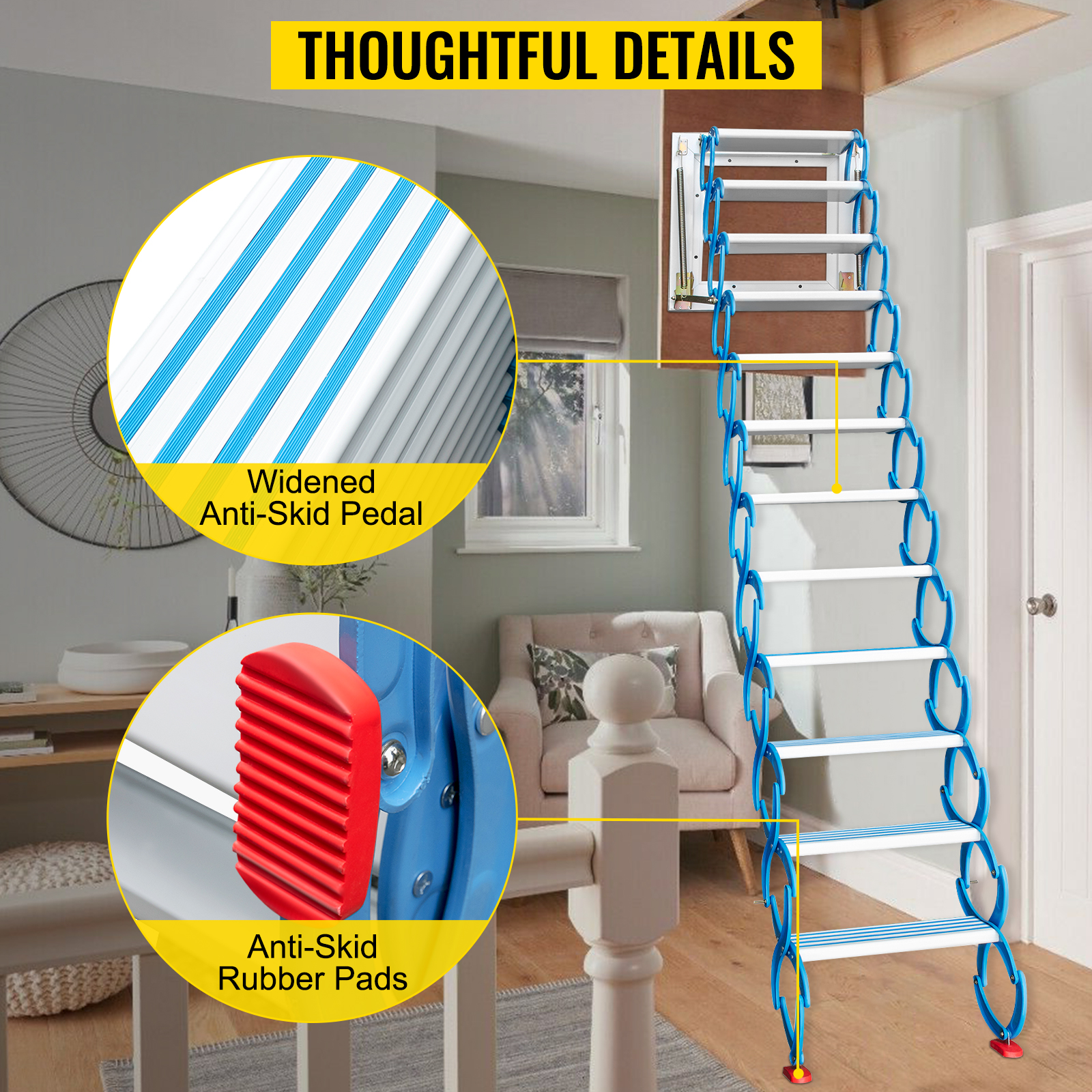 VEVOR Attic Steps Pull Down 12 Steps Attic Stairs, Alloy Attic Access ...