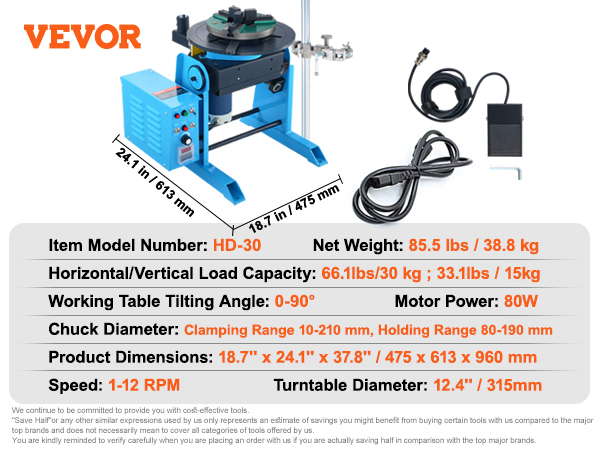 VEVOR Rotary Welding Positioner 66LBS / 30KG, 0-90° Welding Positioning ...