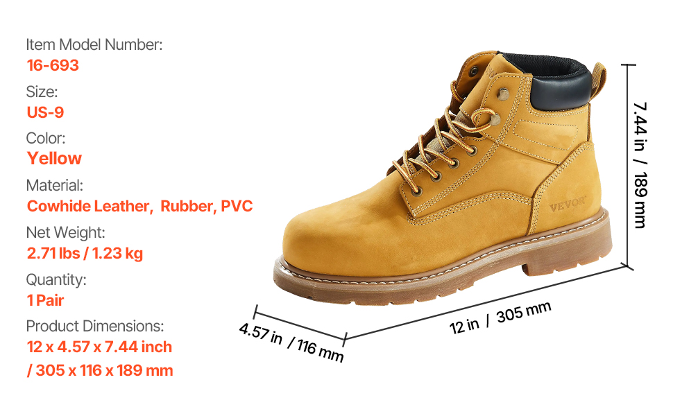 Steel Toe Work Boots US Size 9 Waterproof for Men Slip-Resistant | VEVOR US