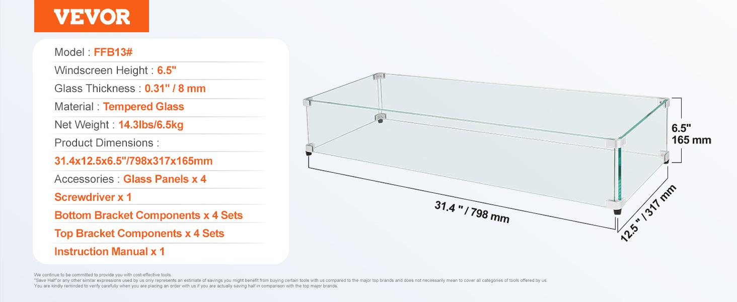VEVOR Glass Wind Guard for Rectangular Fire Pit Table 31 x 12.5 x 6.5 ...