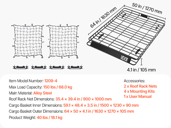 VEVOR Roof Rack Cargo Carrier Basket 64 x 50 x 4.1 in Car Top Luggage ...