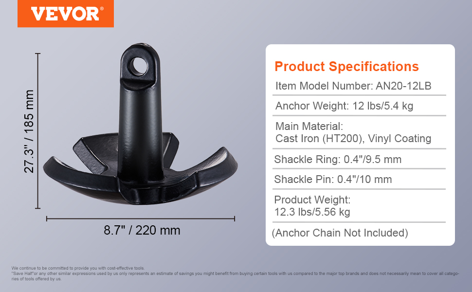 VEVOR River Anchor, 12 LBS Boat Anchor Cast Iron Black Vinyl-Coated ...