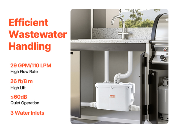 VEVOR Macerator Pump 500W 29 GPM Flow 26 ft Head Lift for Kitchen ...