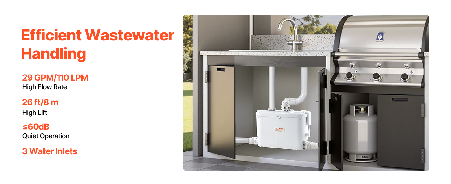 VEVOR Macerator Pump 500W 29 GPM Flow 26 ft Head Lift for Kitchen ...
