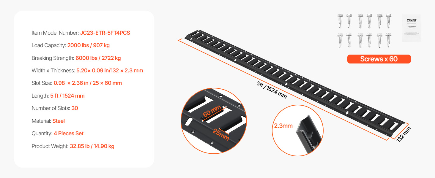 VEVOR E Track Tie Down Rail Kit, 5' Steel Rails, 4 Pack, Secure Cargo ...