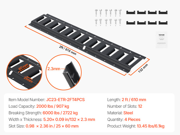 VEVOR E Track Tie Down Rail Kit, 2' Steel Rails, 4 Pack, Secure Cargo ...