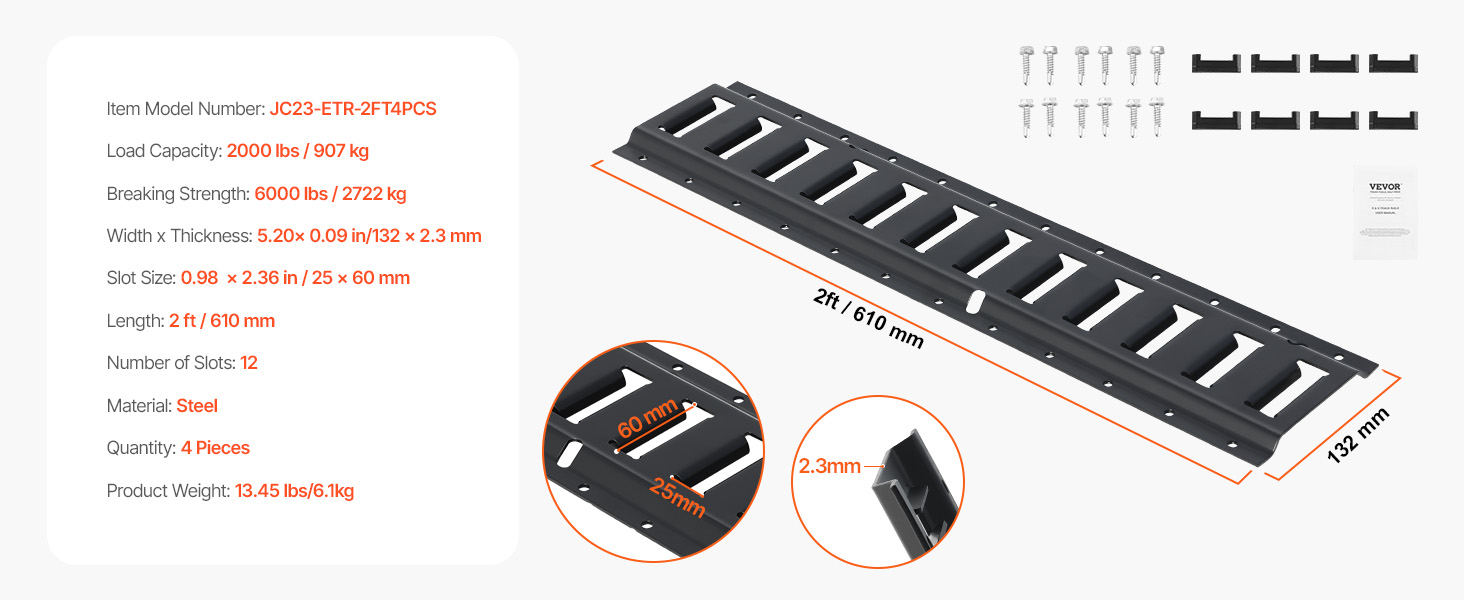 VEVOR E Track Tie Down Rail Kit, 2' Steel Rails, 4 Pack, Secure Cargo ...