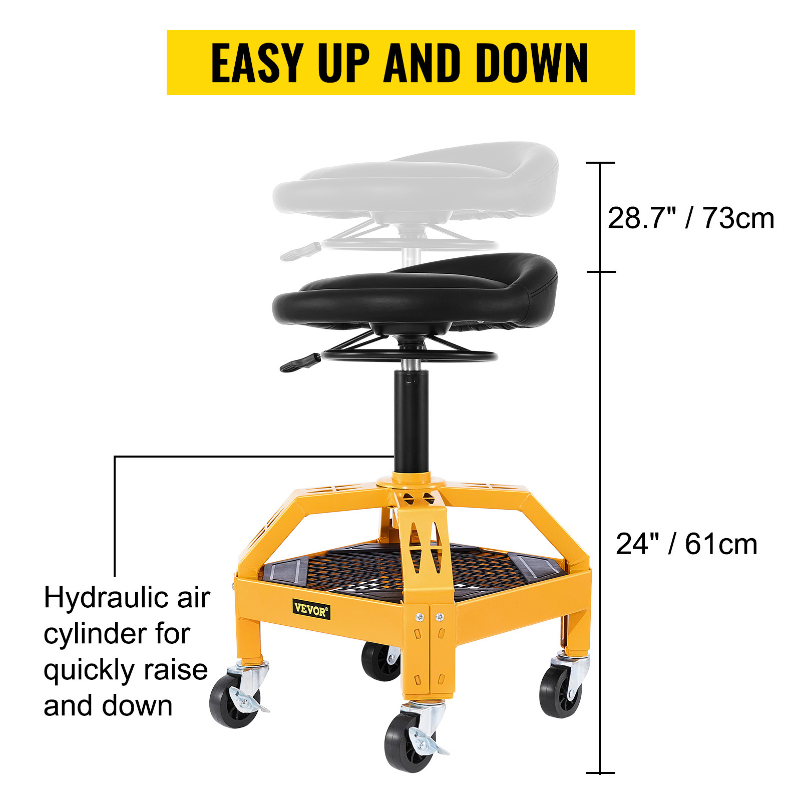 VEVOR Rolling Garage Stool, 300LBS Capacity, Adjustable Height from 24 ...