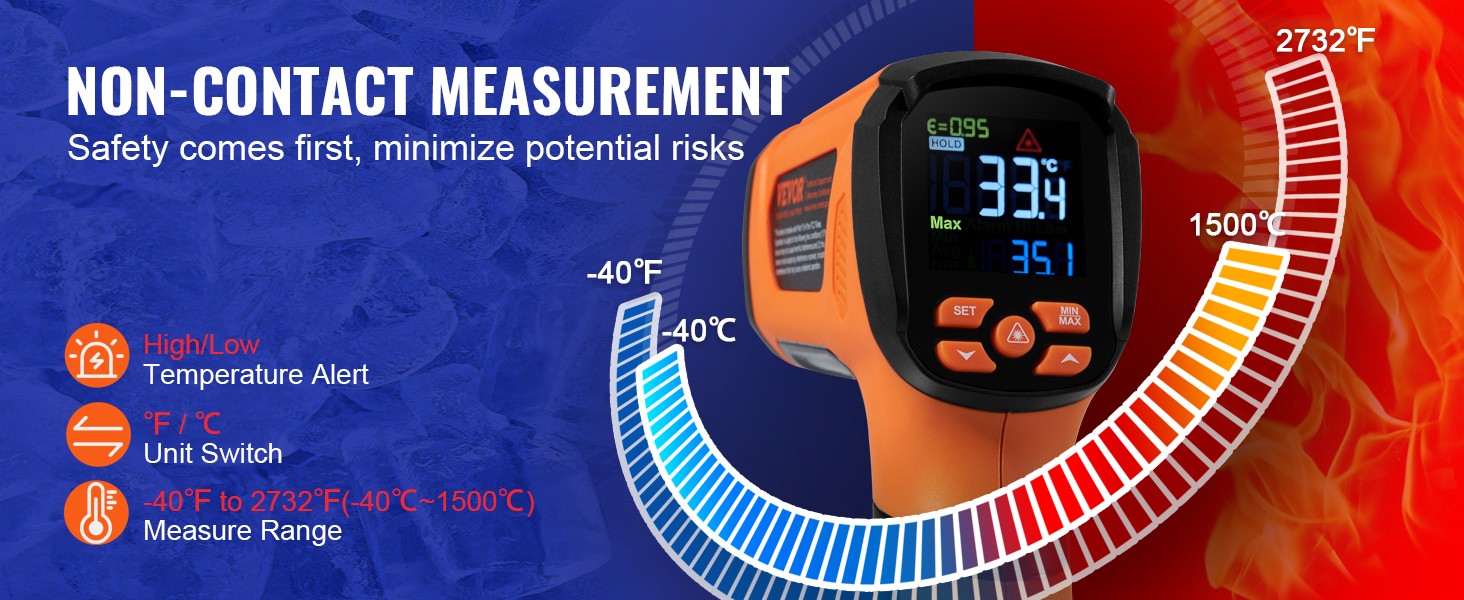 VEVOR Infrared Thermometer, -40~2732°F Dual Laser Temperature Gun Non ...