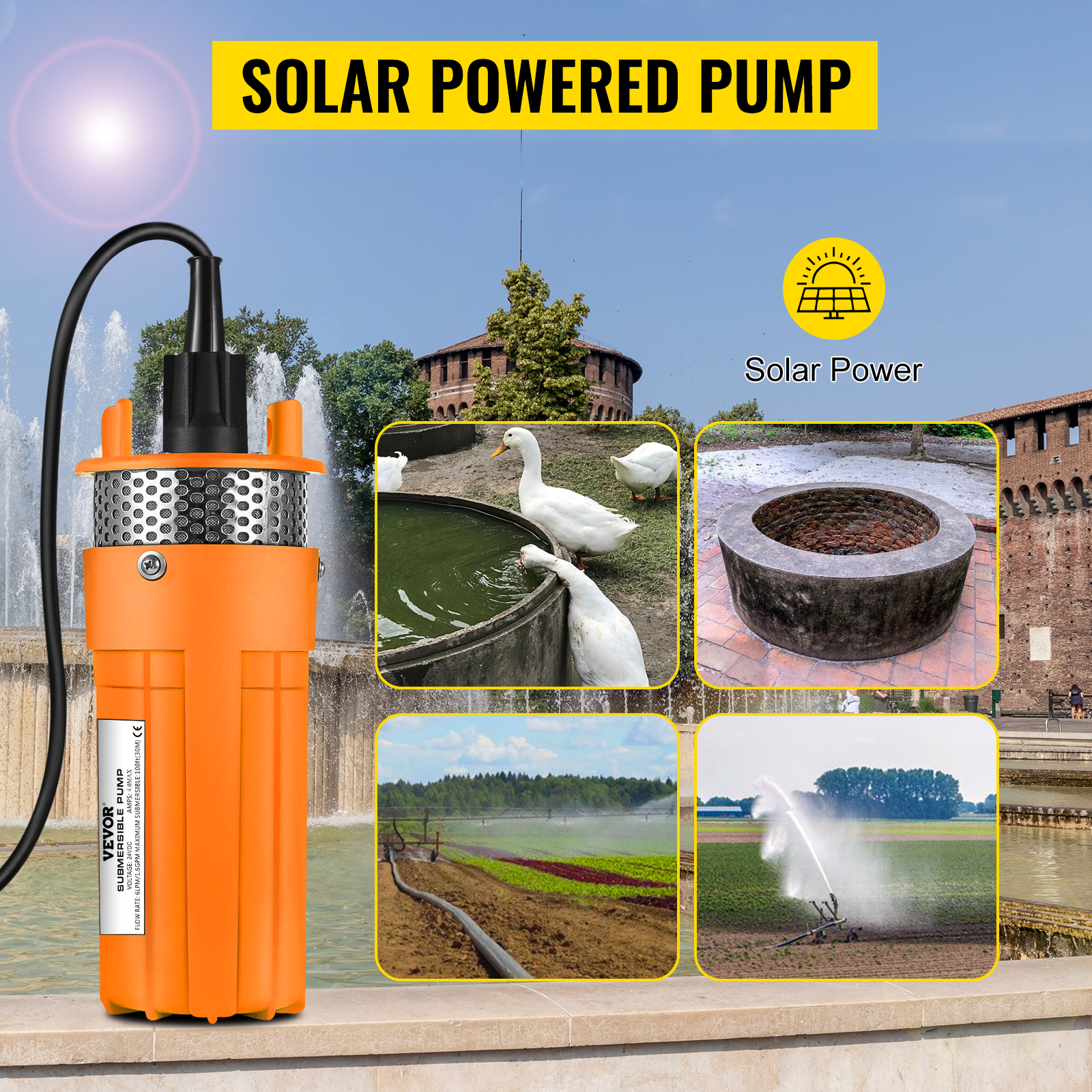 VEVOR Solar Powered Submersible Pump 24V DC Deep Water Well Pump ...