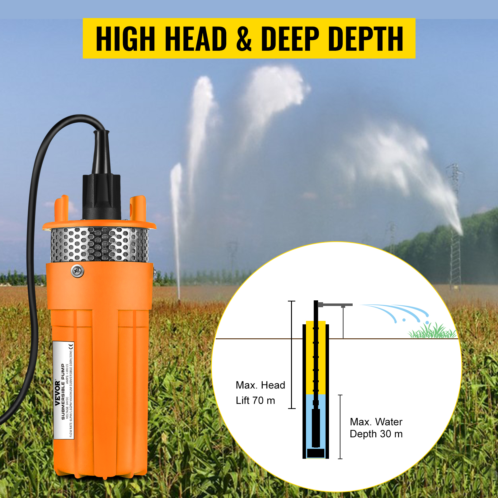 VEVOR Solar Powered Submersible Pump 24V DC Deep Water Well Pump ...