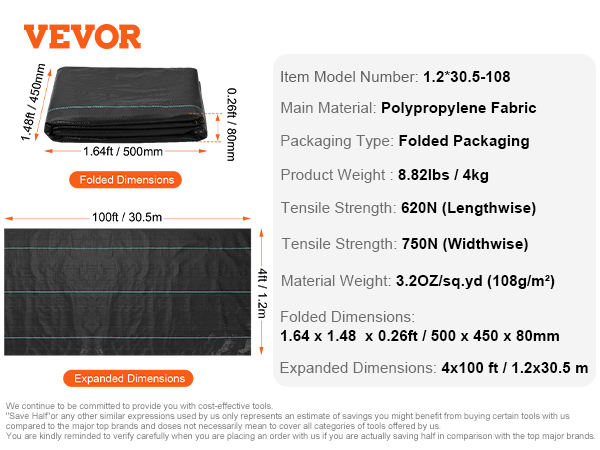 VEVOR Weed Barrier Landscape Fabric, 4*100FT Heavy Duty Garden Weed ...