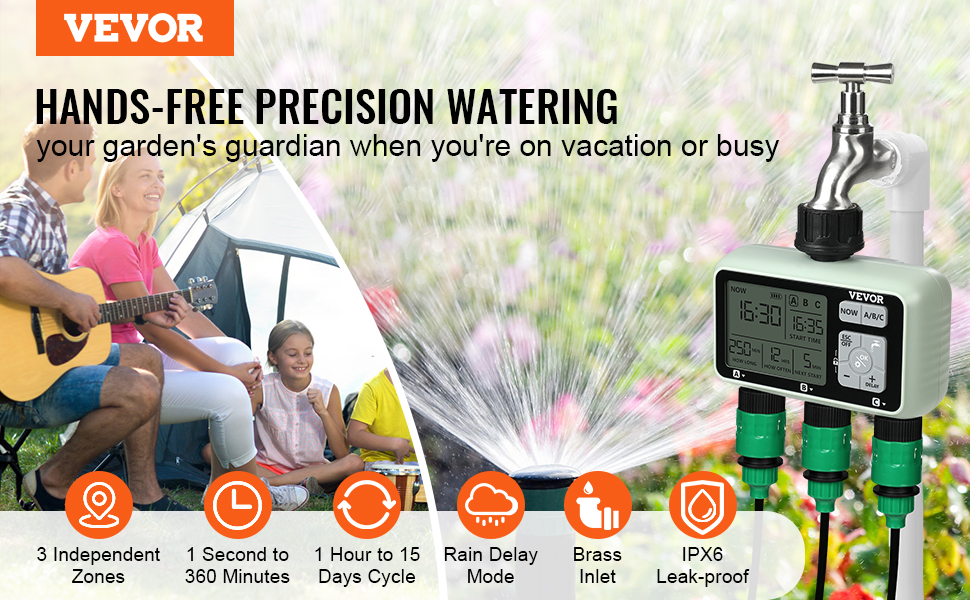 VEVOR Water Timer, 3 Outlets, Hose Watering Sprinkler Timer, with 3 ...