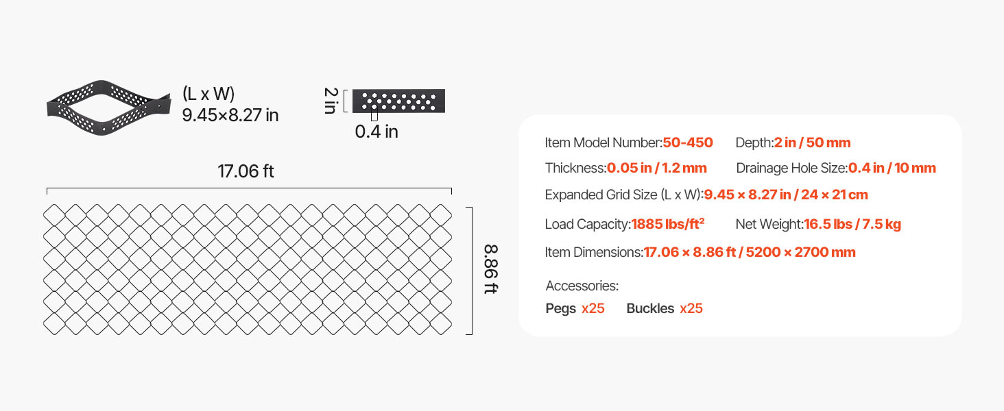 VEVOR Ground Grid 2-Inch Deep Geocell Grid 17.06x8.86FT / 5200x2700mm ...