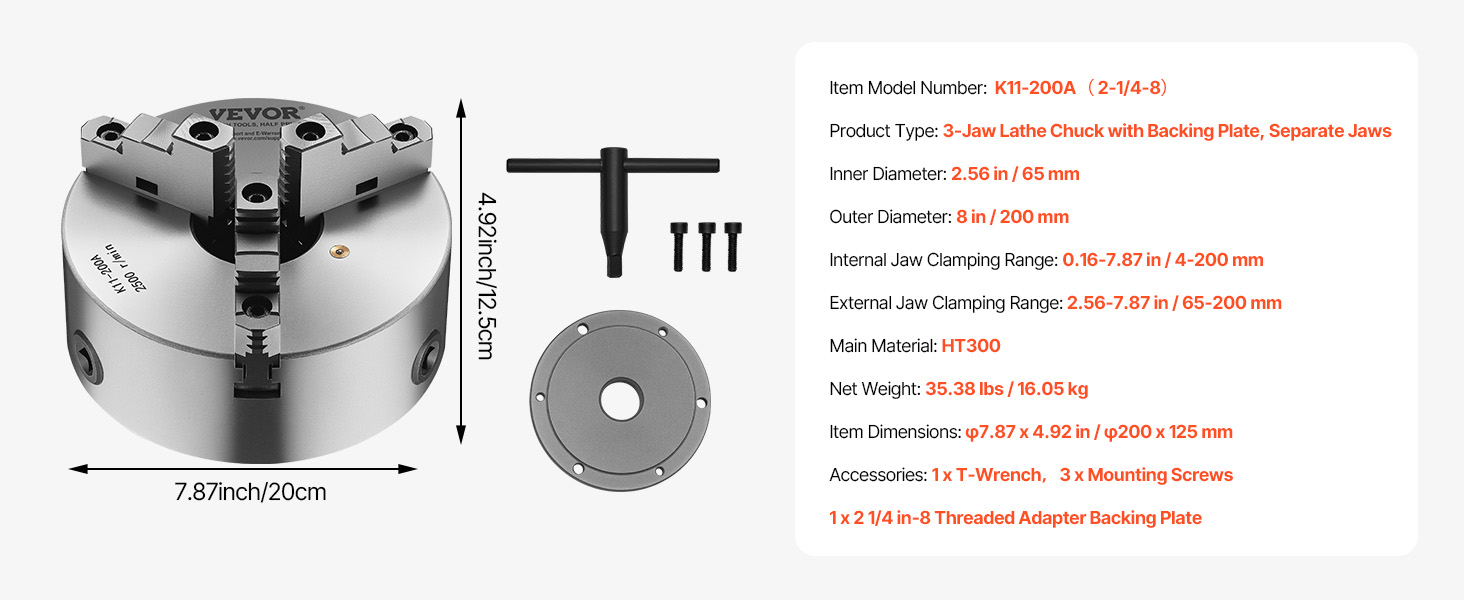 8 Inch 3-Jaw Self-Centering Lathe Chuck with 2 1/4 in-8 Threaded ...