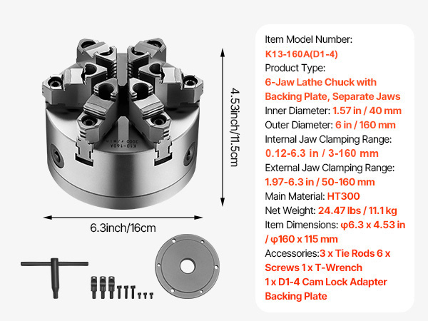 6 Inch 6-Jaw Self-Centering Lathe Chuck with D1-4 Cam Lock Backing ...