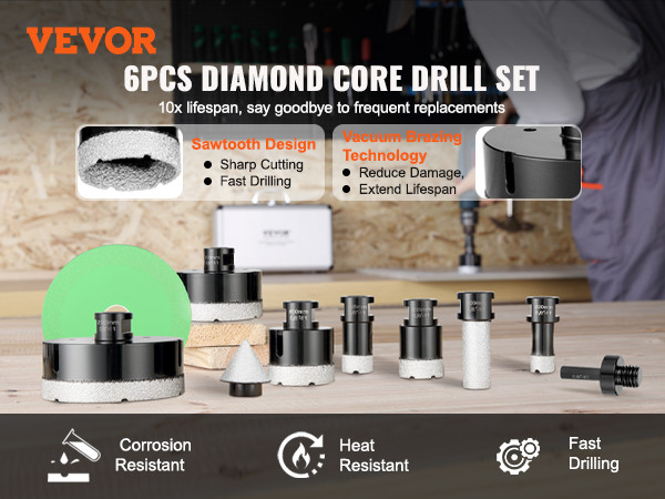 VEVOR Diamond Core Drill Bit Set, 6 PCS 20/25/35/50/75/100mm Diamond ...