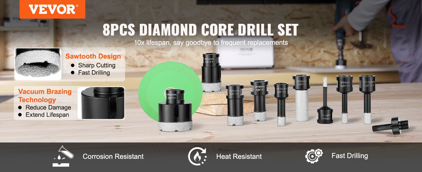 VEVOR Diamond Core Drill Bit Set, 8 PCS 6/8/10/13/19/25/32/50mm Diamond ...